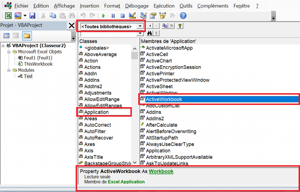 Utilisation de l'explorateur d'objets dans VBE