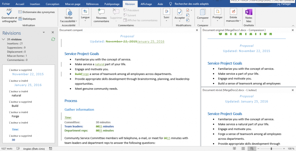 Comparer et fusionner des documents Word