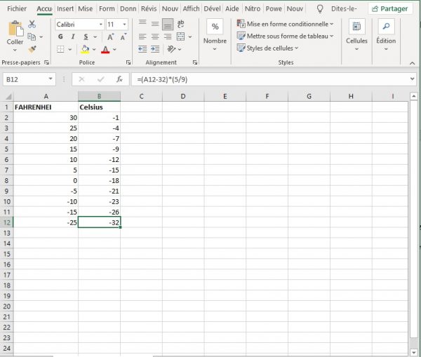 COMMENT CONVERTIR DE FAHRENHEIT EN CELSIUS DANS EXCEL