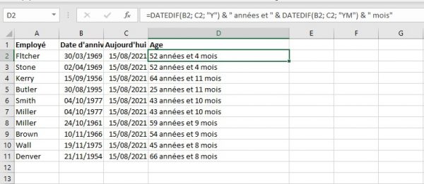 UTILISER LA FONCTION DATEDIF POUR CALCULER L'ÂGE DES EMPLOYÉS DANS EXCEL