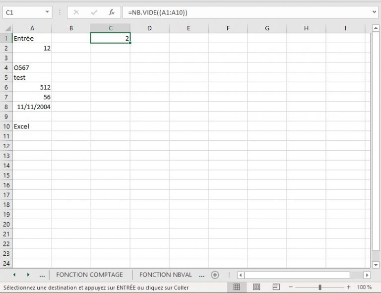 UTILISER LA FONCTION NB.VIDE POUR COMPTER LES CELLULES VIDES