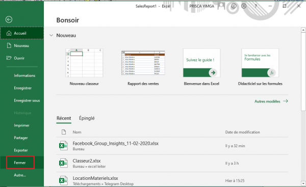 Fermer un classeur Excel