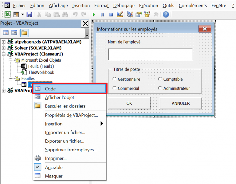 Où va le code dans un formulaire personnalisé ou UserForm? Excel VBA