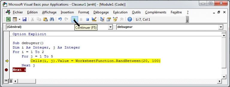 Comment définir un point d'arrêt, Excel VBA