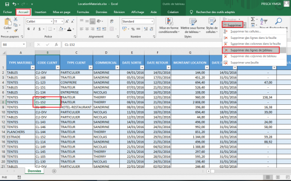 Supprimer une ligne ou/et une colonne de tableau, Excel