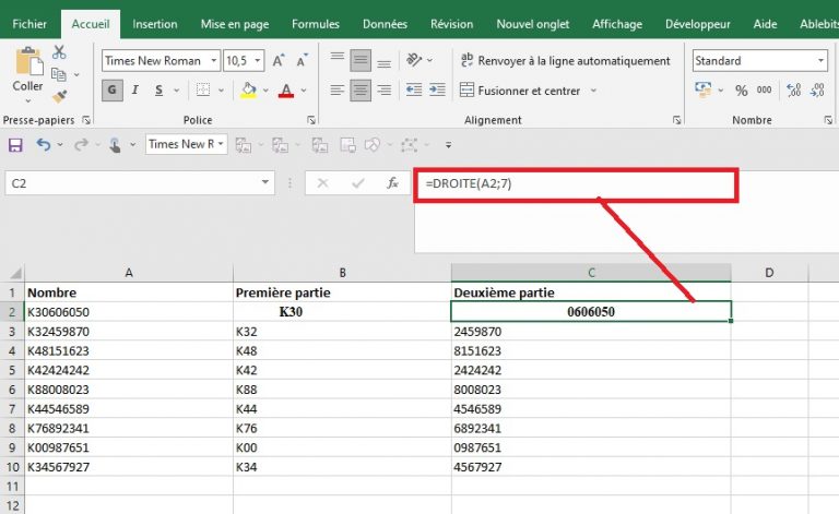 Utilisez les fonctions GAUCHE et DROITE d'Excel pour séparer une chaîne texte de chiffres