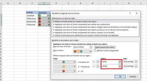 Ensembles d'icônes de mise en forme conditionnelle Excel
