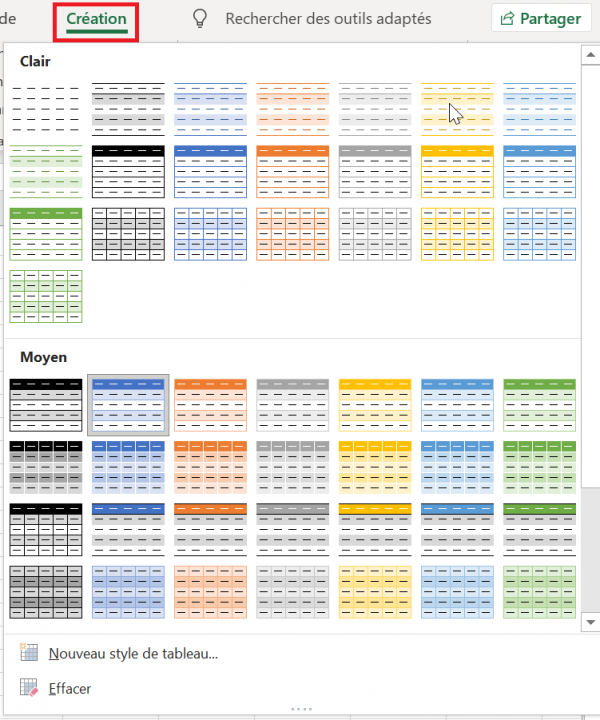 Appliquer des styles aux tableaux Excel
