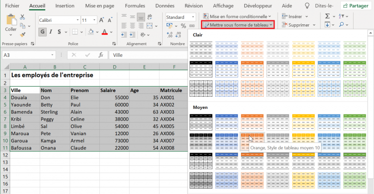 Appliquer des styles aux tableaux Excel