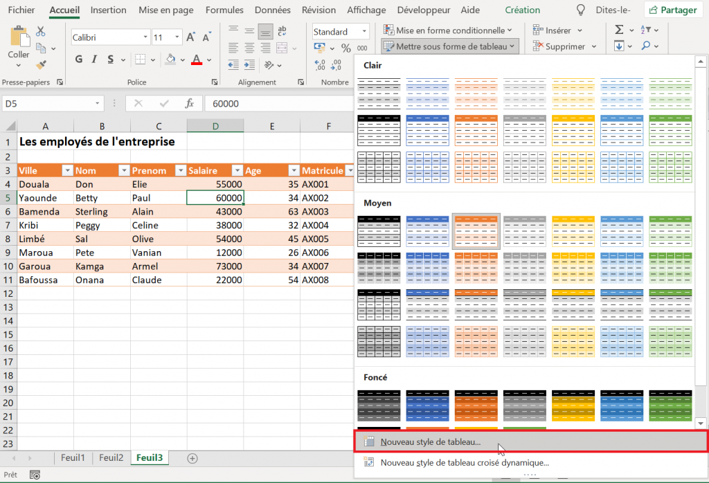 Configurer les options de style de tableau Excel