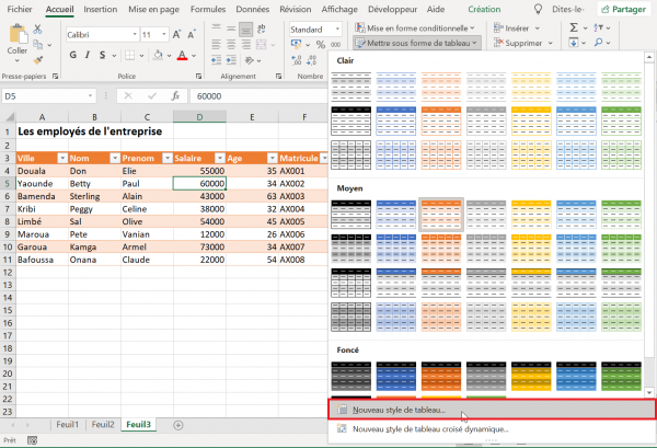 Configurer les options de style de tableau Excel