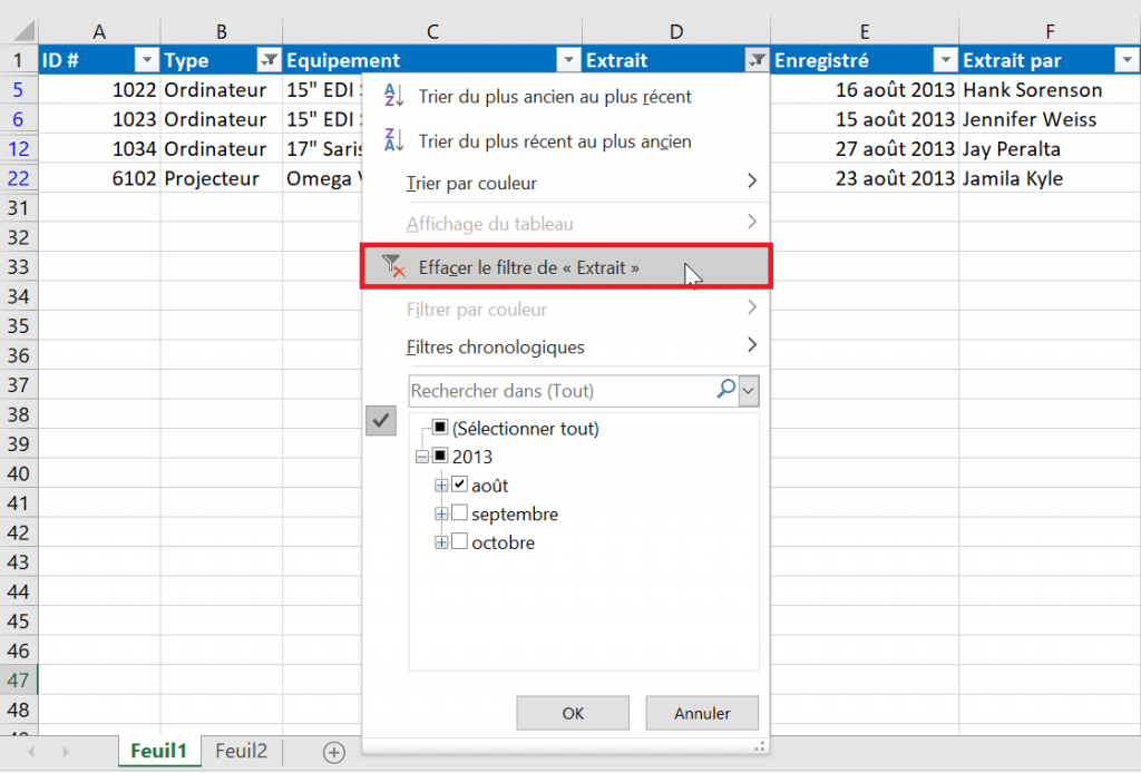 Filtrer les données dans un tableau Excel