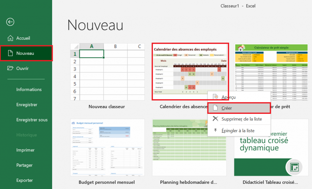 Créer un classeur Excel
