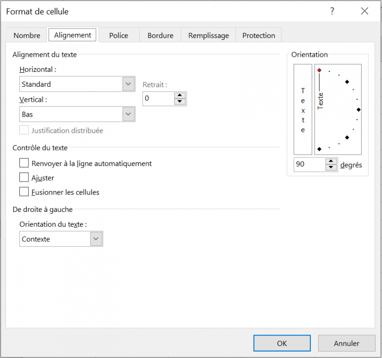 Modifier l'alignement et l'orientation des cellules dans Excel