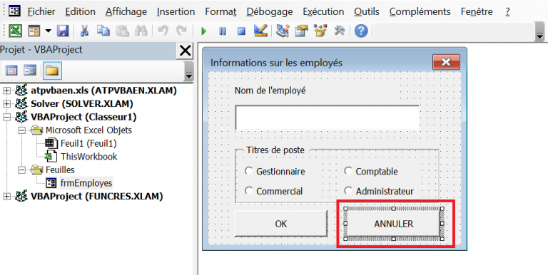 Création et gestion d’un UserForm, Excel VBA