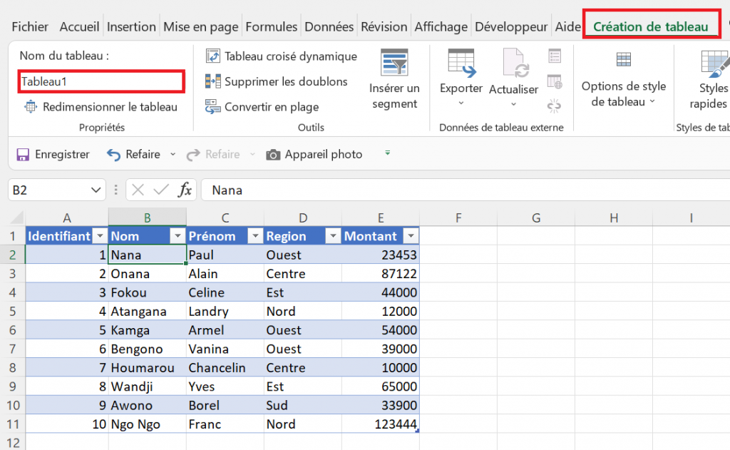 Nommer les tableaux dans Excel