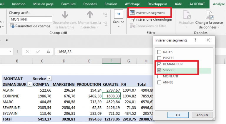Les segments tableaux croisés dynamiques et graphiques Excel