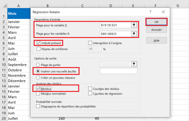 Analyse de régression linéaire avec Excel