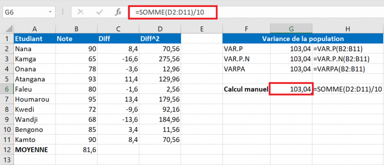 Calcul de la variance sur Excel