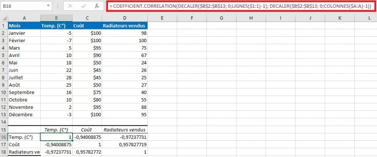 CALCUL DE LA CORRELATION SUR EXCEL